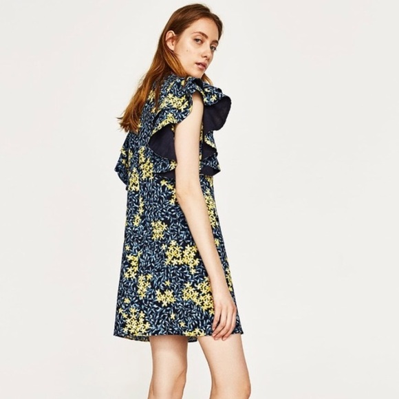 Zara | Dresses | Zara Blue And Yellow Floral Ruffle Sleeve Dress | Poshmark